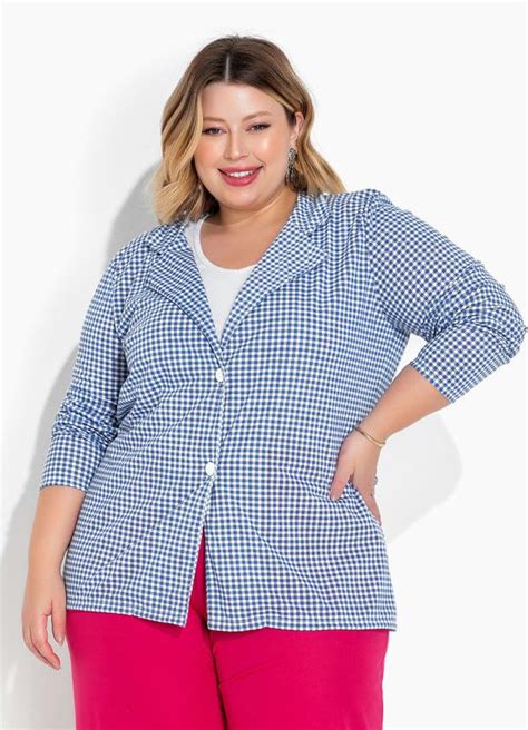 Blazer Xadrez Vichy Azul Com Botões Plus Size Marguerite