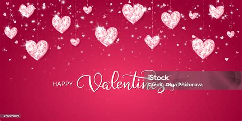 해피 발렌타인 데이 배너 빨간색에 핑크 반짝이 하트 장식 손으로 쓴 서예 반짝이는 반짝이는 화환 프레임 로맨틱한 반짝이는 배경입니다 벡터 갈란드 장식품에 대한 스톡 벡터