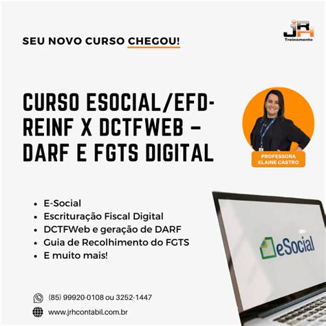 Curso eSocial EFD Reinf x DCTFWeb DARF e FGTS Digital EAD JRH Contábil Treinamento