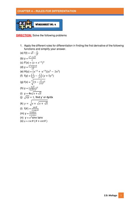 Worksheet Rules FOR Differentiation CHAPTER RULES FOR DIFFERENTIATION Z Mañago