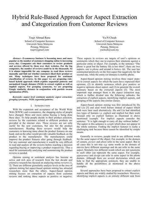 Pdf Hybrid Rule Based Approach For Aspect Extraction And Categorization From Customer Reviews