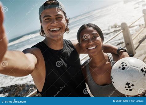 Selfie Friends And Soccer For Exercise By Beach For Training And