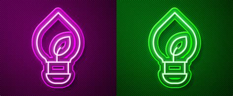 보라색과 녹색 배경에 고립 된 잎 아이콘빛나는 네온 라인 전구 에코 에너지 개념 대체 에너지 개념 벡터 0명에 대한 스톡 벡터 아트 및 기타 이미지 Istock