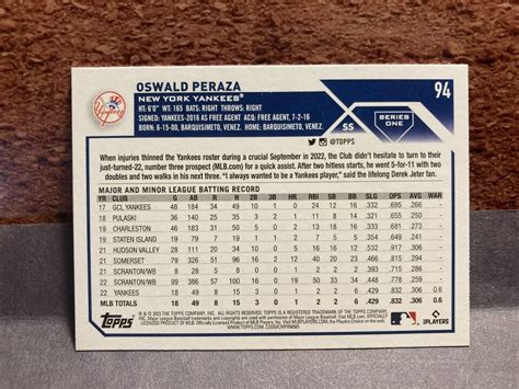 2023 Topps 94 Oswald Peraza Baseball Card New York Yankees Rookie Rc