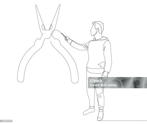 펜치 집게를 펠트 팁 펜으로 그리는 남자의 연속적인 라인 물체를 안전하게 고정하는 데 사용되는 수공구입니다 가는 선 그림 벡터 개념입니다 등고선 그리기 창의적인 아이디어