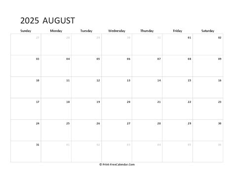 Editable August Calendar 2025 Landscape Layout