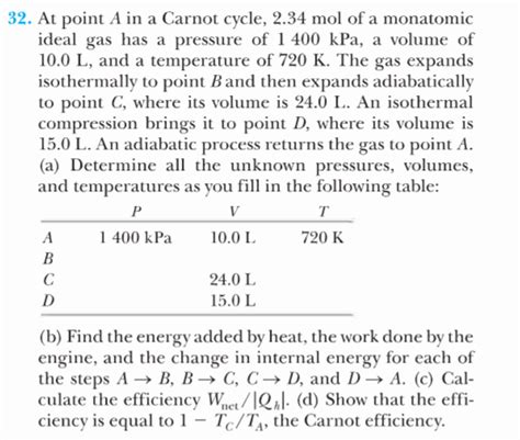 Solved At Point A In A Carnot Cycle Mol Of A Monatomic Chegg