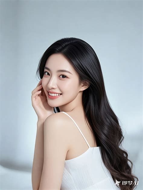 一个中国美女自信的微笑漏出来洁白的牙齿的特写镜头，美女穿着白色吊带，乌黑长发，一只手放在脸上，侧身，背景纯色，非常精致，高清8k，高分别率