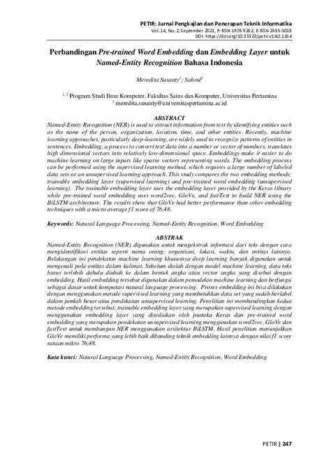 Pdf Perbandingan Pre Trained Word Embedding Dan Embedding Layer Untuk Named Entity Recognition