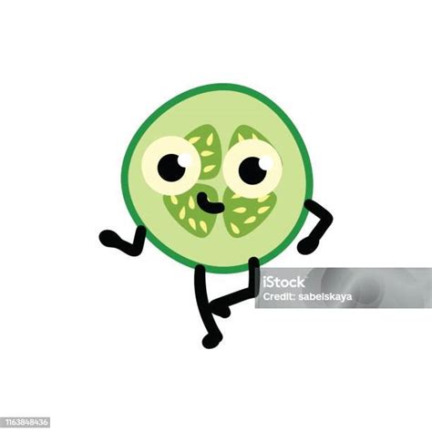 오이 슬라이스 만화 캐릭터의 벡터 그림 신선한 녹색 컷 식물의 재미있는 이모티콘 오이에 대한 스톡 벡터 아트 및 기타 이미지