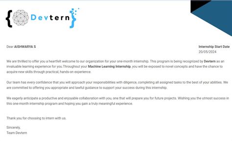Aishwarya S On Linkedin Internship Machinelearning Devtern