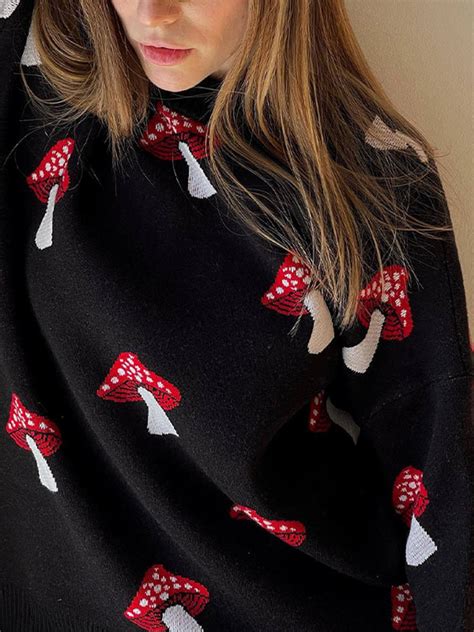 Badu Bg Пуловер с щампа на гъби Дамски есенни дамски пуловери с дълъг ръкав и О образно деколте