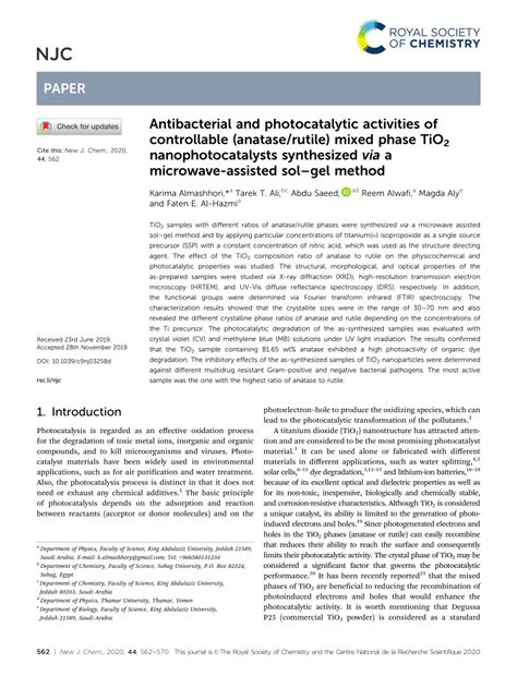 Pdf Antibacterial And Photocatalytic Activities Of Controllable Anatase ‎‎rutile Mixed