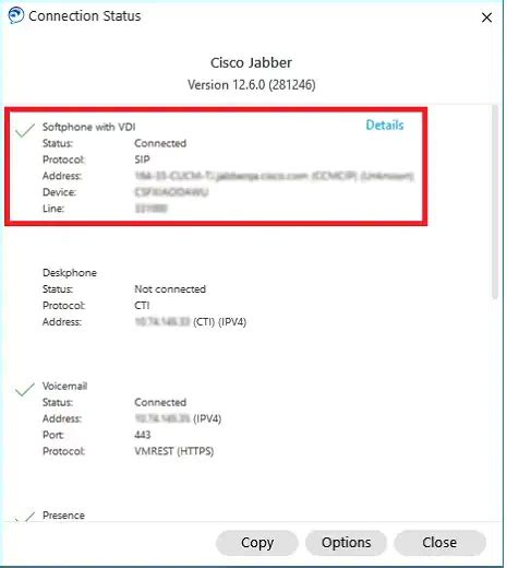 Jabber Check The Connection Status For Jabber Softphone For VDI In Webex