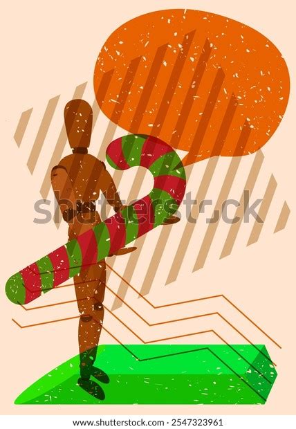 Risograph Wooden Puppet Holding Candy Cane Stock Vector Royalty Free
