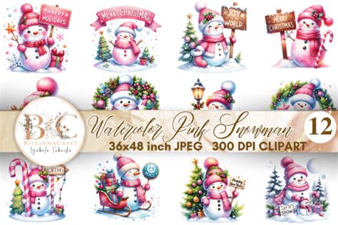 Watercolor Christmas Pink Snowman Graphic By Bellinnacraft · Creative