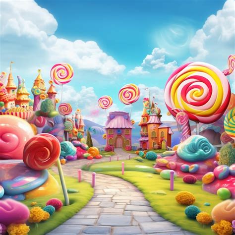 Cartoon Candy Land With A Castle And A Pathway Generative Ai Premium