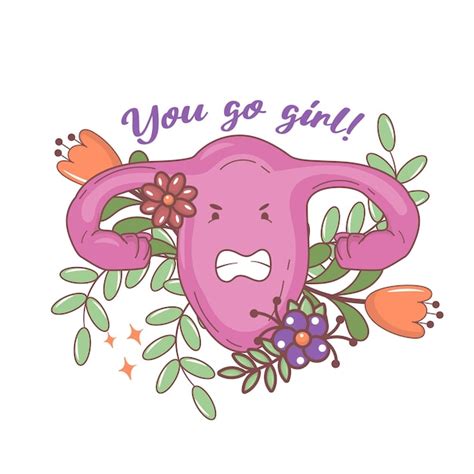 주위에 꽃이 있는 난소 대신 주먹이 있는 사악한 만화 자궁과 당신이 가는 비문 프리미엄 벡터