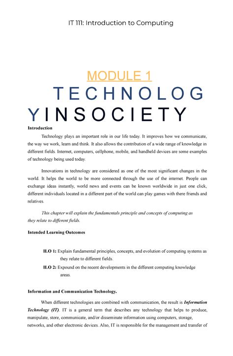 module 1 technology in society it 111 introduction to computing