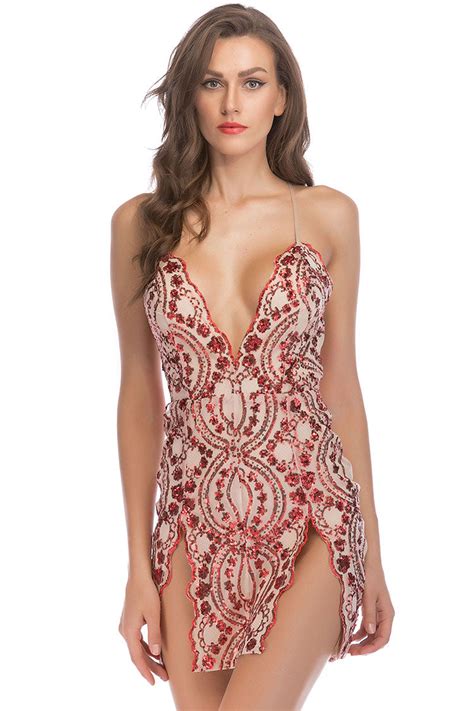 Sexy Scalloped Deep V High Split Sequin Lace Fitted Club Mini Dress Red