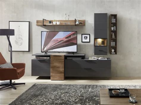 Wohnwand Schrankwand Anbauwand Wohnzimmer Set Mediana2 Eiche Grau Braun