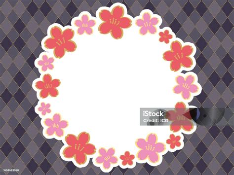 Hand Drawn Style Cherry Blossom Circle Frame And Diamond Pattern