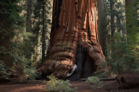 Majestic Sequoia With Waterfall Cascading Down Its Trunk Stock