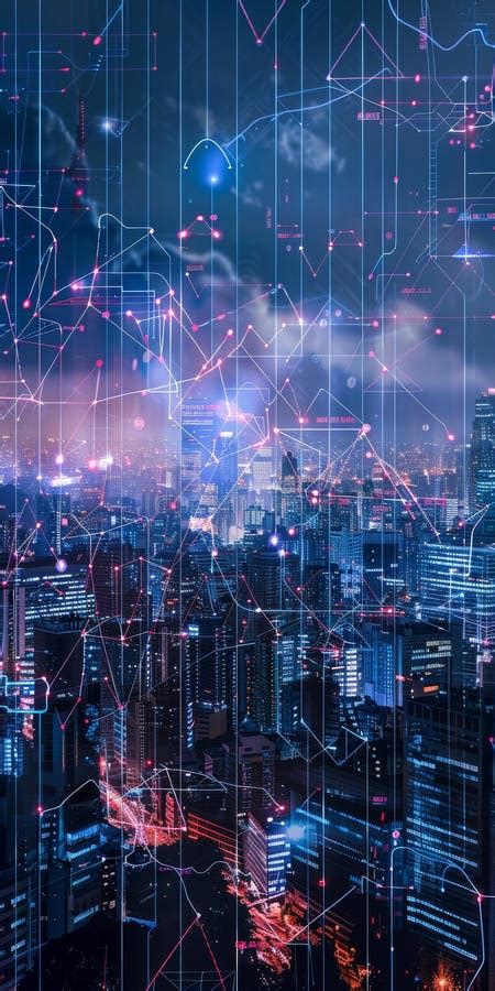 futuristic cityscape at night with digital overlay of data stock