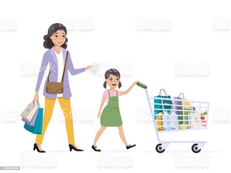 쇼핑을하는 어머니와 딸 소녀는 식료품 카트를 운전합니다 딸에 대한 스톡 벡터 아트 및 기타 이미지 딸 벡터 소매 소비자주의 Istock