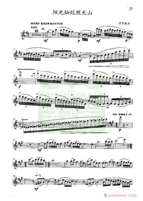 长笛独奏小品 阳光灿烂照天山[黄虎威] 独奏分谱 长笛曲谱 器乐学习网
