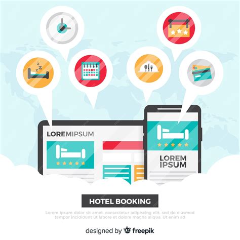 평면 장치 호텔 예약 배경 프리미엄 벡터