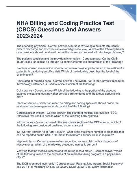Nha Billing And Coding Practice Test Cbcs Questions And Answers 2023