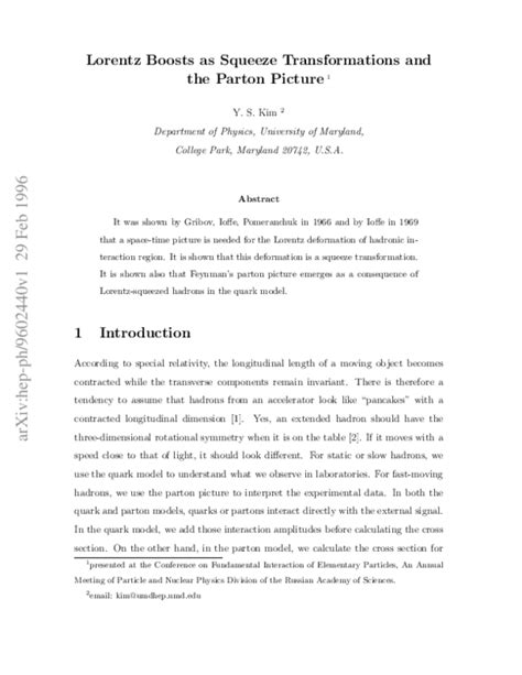 Pdf Lorentz Boosts As Squeeze Transformations And The Parton Picture Young S Kim