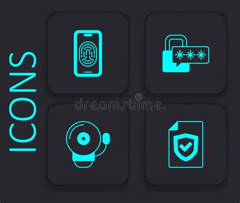 Set Contract With Shield Mobile Fingerprint Scanner Cyber Security And Ringing Alarm Bell Icon