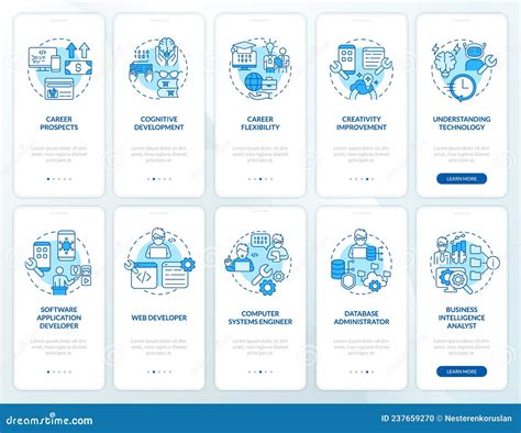 Coding Concepts Blue Onboarding Mobile App Screen Set Stock Vector