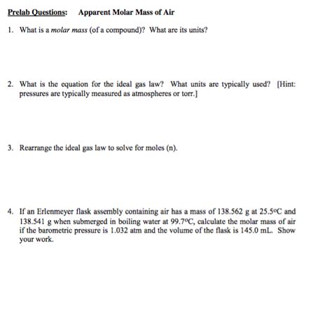 Solved Prelab Questions Apparent Molar Mass Of Air 1 What Chegg