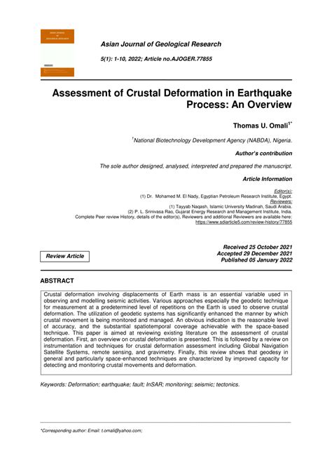 Pdf Assessment Of Crustal Deformation In Earthquake Process An Overview