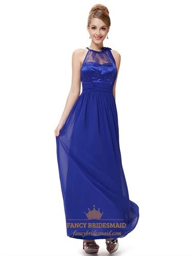 Elegant Royal Blue Lace Illusion Neckline Chiffon Long Bridesmaid Dress