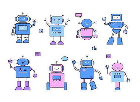 Premium Vector Set Of Cute Robot Characters Standing Straight Ahead Raising Your Hand And