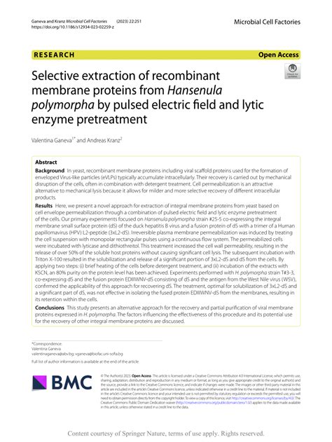 Pdf Selective Extraction Of Recombinant Membrane Proteins From Hansenula Polymorpha By Pulsed