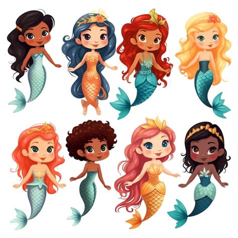Premium Photo Cartoon Mermaids With Different Hair Styles And Colors