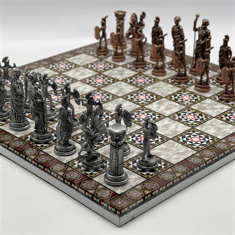 Large Mosaic Marble Pattern Folding Chess Board With Crusaders Metal Chess Pieces Marble