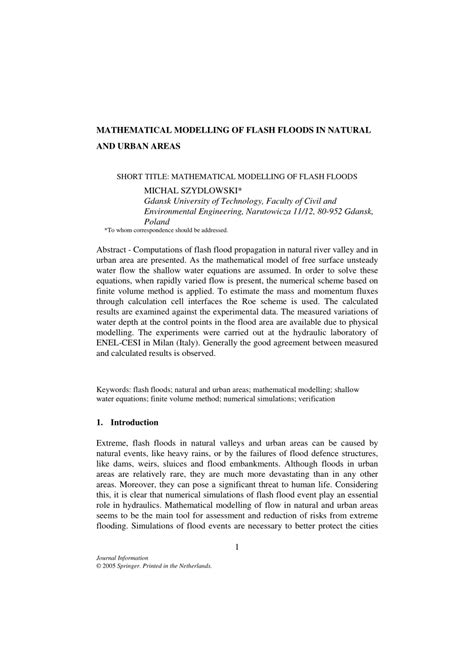 Pdf Mathematical Modelling Of Flash Floods In Natural And Urban Areas