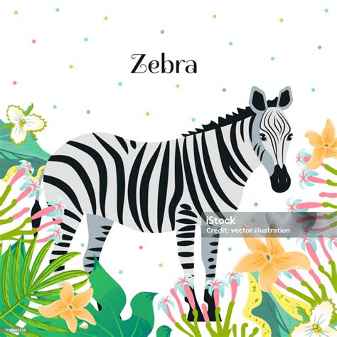 열 대 잎과 꽃 얼룩말의 만화 스타일 아이콘입니다 다른 디자인에 대 한 텍스트와 귀여운 캐릭터 꽃 식물에 대한 스톡 벡터 아트