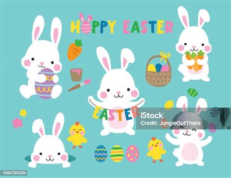 白いイースターバニーとイースターエッグとひよこのベクターイラスト イースターバニーのベクターアート素材や画像を多数ご用意 イースター