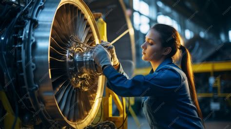Premium Ai Image Female Apprentice Aircraft Maintenance Engineer Work Underneath Jet Engine