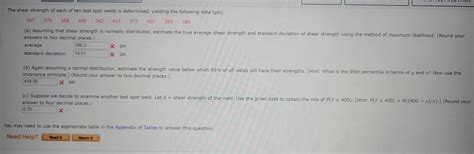 solved the shear strength of each of ten test spot welds is