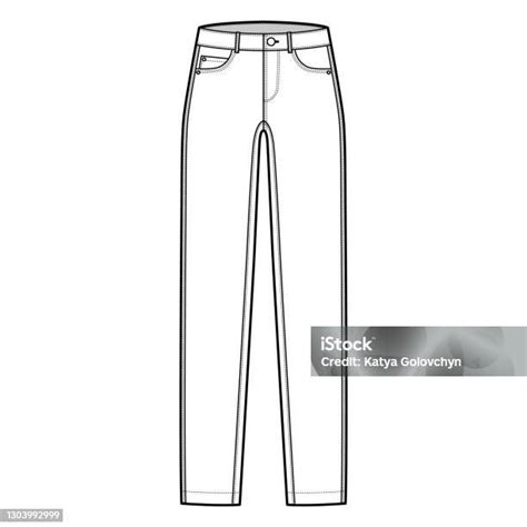 스키니 진 데님 팬츠 테크니컬 패션 일러스트러 전체 길이 로우 웨이스트 라이즈 커브드 동전 각진 5 포켓 0명에 대한 스톡 벡터 아트 및 기타 이미지 Istock