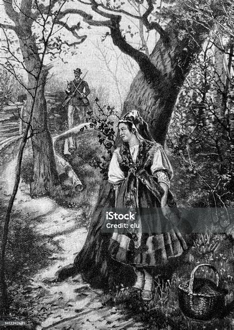그는 나를 사랑합니까 여자는 공원의 나무 뒤에 서서 남자가 더 가까이 오기를 기다린다 1880 1889 년에 대한 스톡 벡터