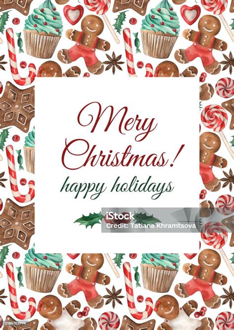 크리스마스 과자 막대 사탕 컵 케이크 진저 브레드 사탕과 인사말 카드 삽화는 수채화로 손으로 그려져 있습니다 매끄러운 패턴의 배경은 축제 스타일로 만들어집니다 0명에 대한